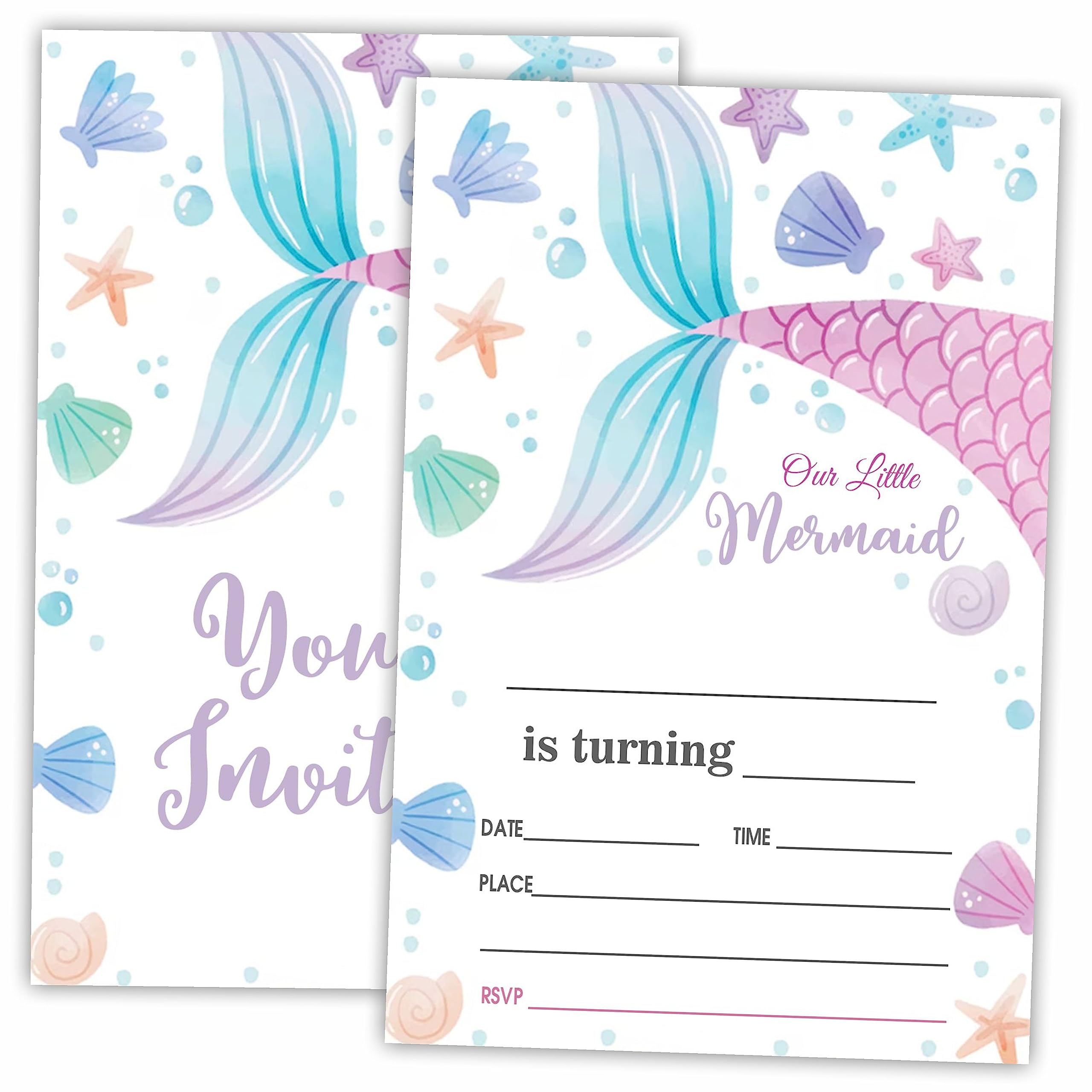 AWSICE Little Mermaid Birthday Invitations, Under The Sea Fill-In Invite Cards For Birthday Party, 20 Invitations With Envelopes, Decorations,Party Favor And Supply-B05