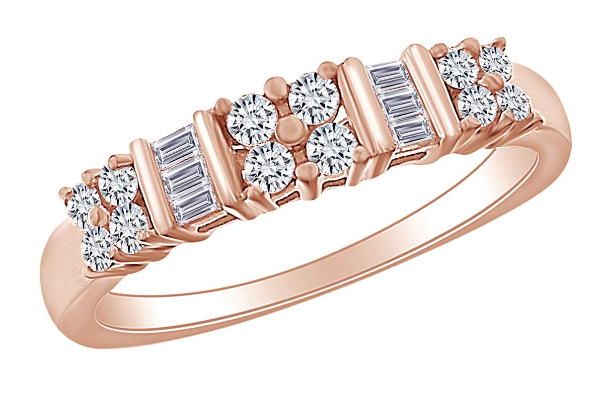 AFFY 1/4 Carat CT Baguette/Round White Natural Diamond Set Engagement Wedding Band Ring For Womens In 14k Solid Rose Gold (I-J Color, I2-I3 Clarity, 0.25 Cttw) Ring Size-6