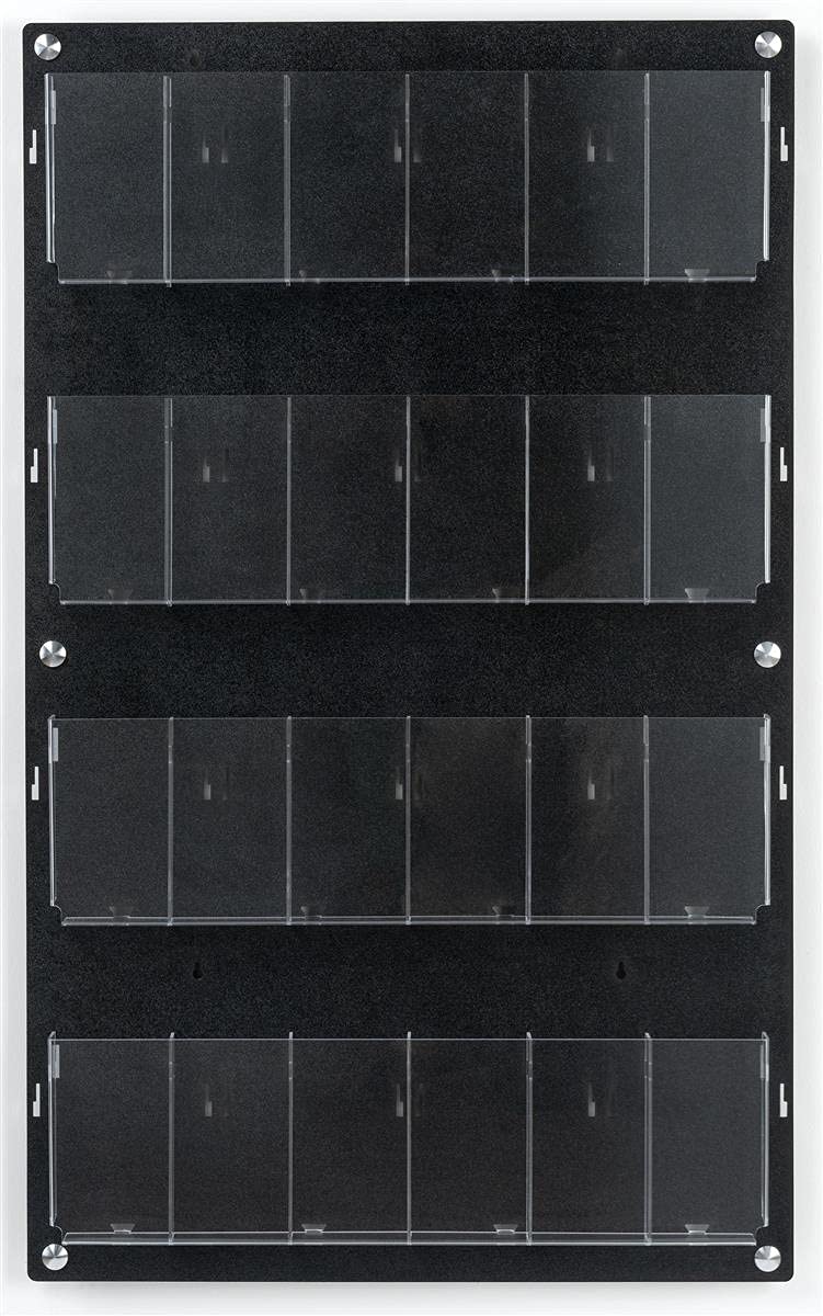 Displays2go Wall Pamphlet Display, Acrylic, 12/24 Adjustable Slots, Aluminum Standoffs - Black (2RP12BLK)