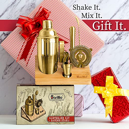 Gold Mixology Bartender Kit Cocktail Shaker Set by Barillio: Drink Mixer Set with Bar Tools, Bamboo Stand Cocktail Mixer Liquor Pourers Mojito Muddler Mixing Spoon Jigger Recipes Booklet