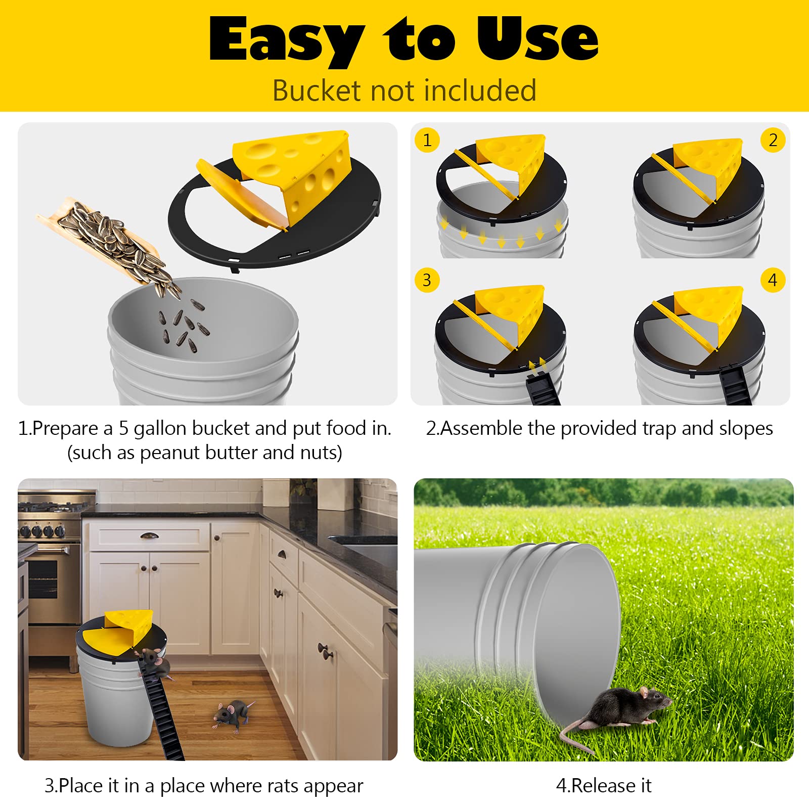 Mouse Trap Bucket, Bucket Lid Mouse Trap,Reusable Humane Mouse Traps for House Indoor,Auto Reset Rat Trap Compatible 5 Gallon Bucket (2 Pack)