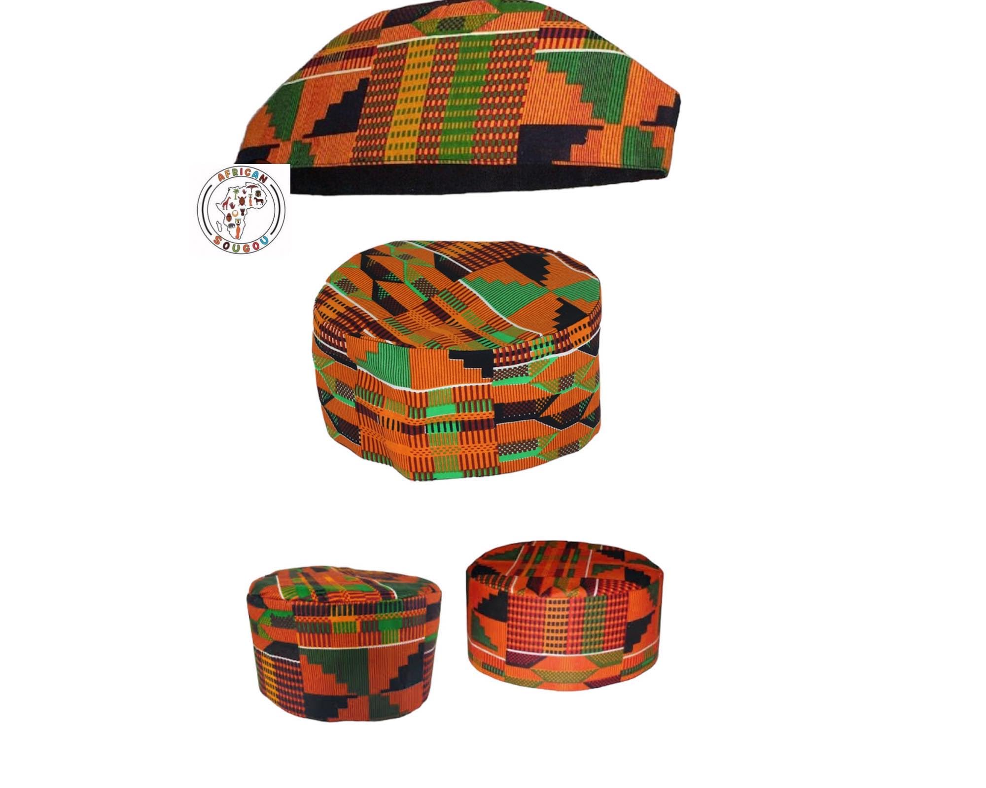 African Sougou Kufi Cap, koffi hat, African Cap, African Kente Cap Collection (Yellow)