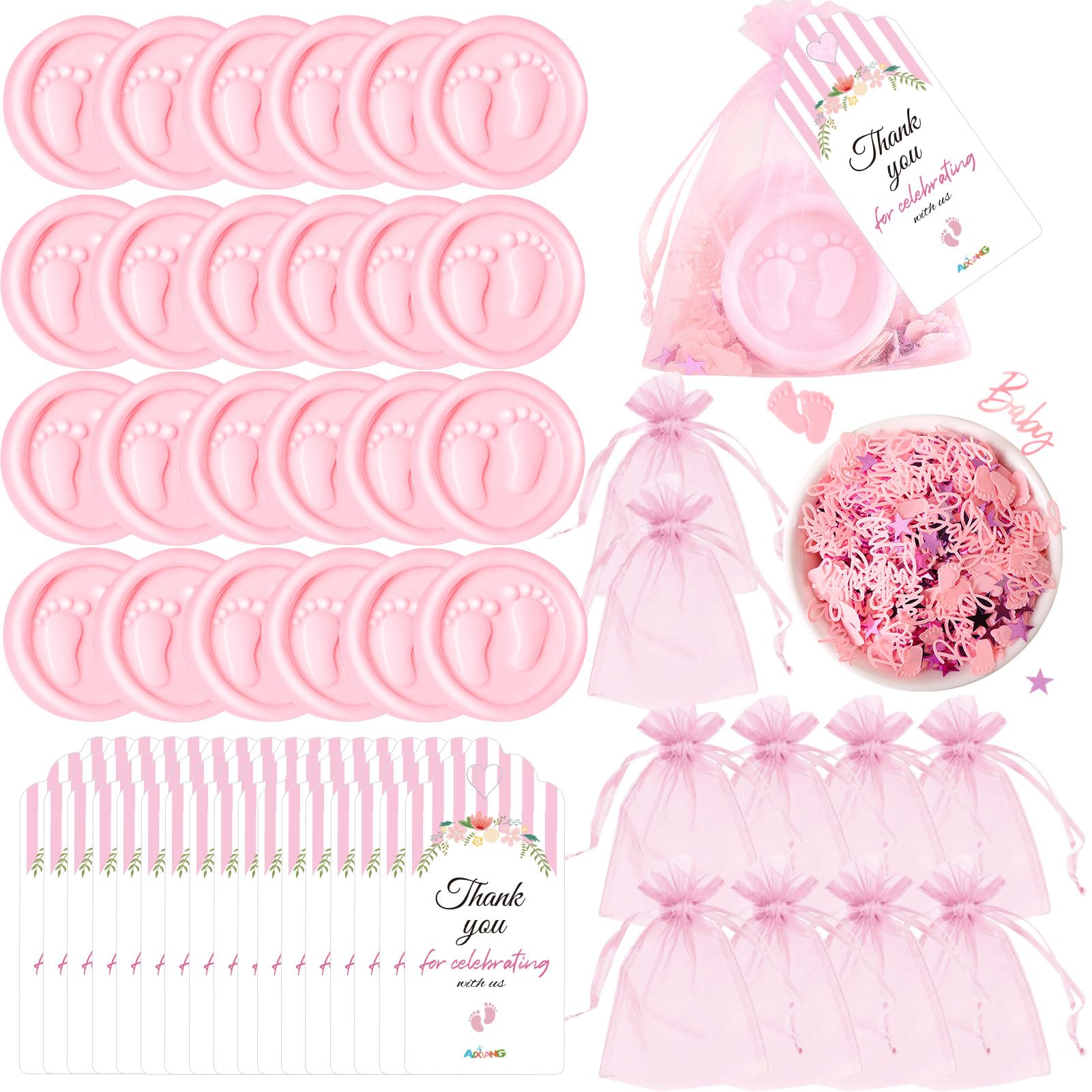AIXIANG 24 Set Baby Shower Favors Soaps Handmade Pink Little Baby-feet Scented Soap Favors with Gift Bags and Thanks Tags for Baby Shower Favors and Decorations