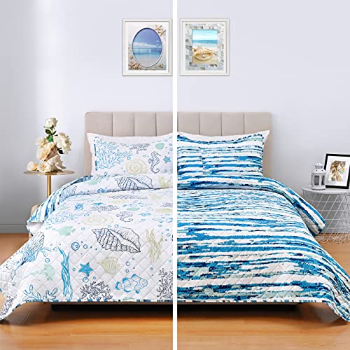 FRAMICS 3-Piece King Size Reversible Quilt Set Summer Quilt Lightweight Ocean Quilts Beach Bedspread Coverlet Blue Coral Conch Seashell Coastal Bedding for All Season(1 Quilt, 2 Pillow Shams)