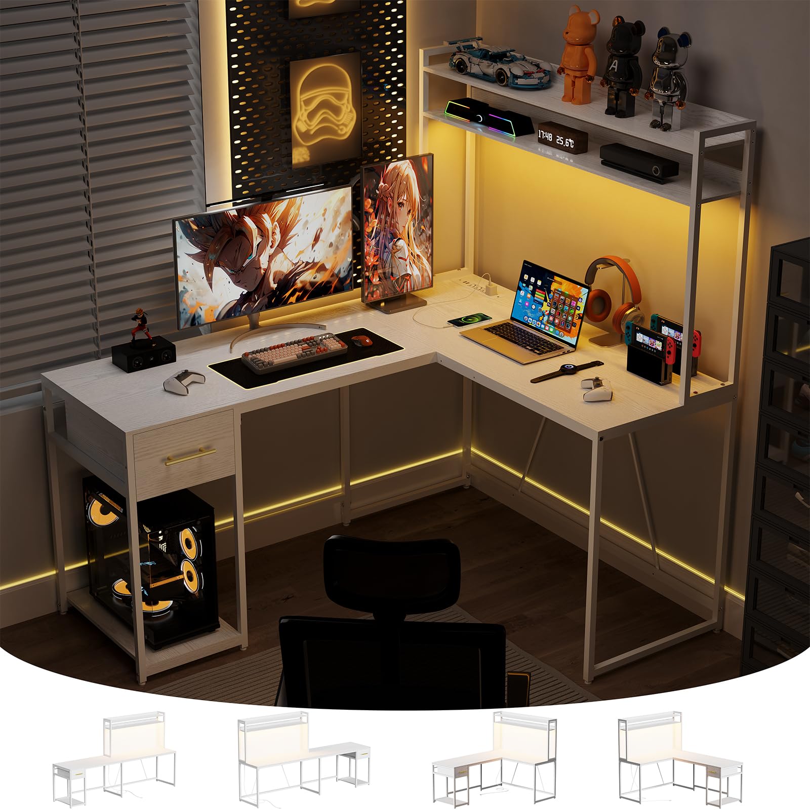 Bergoolin L Shaped Gaming Desk with LED Lights & Power Outlets, Reversible L Shape Computer Desk with Storage Drawer & Shelf,2 Person Home Office Corner Desk Black