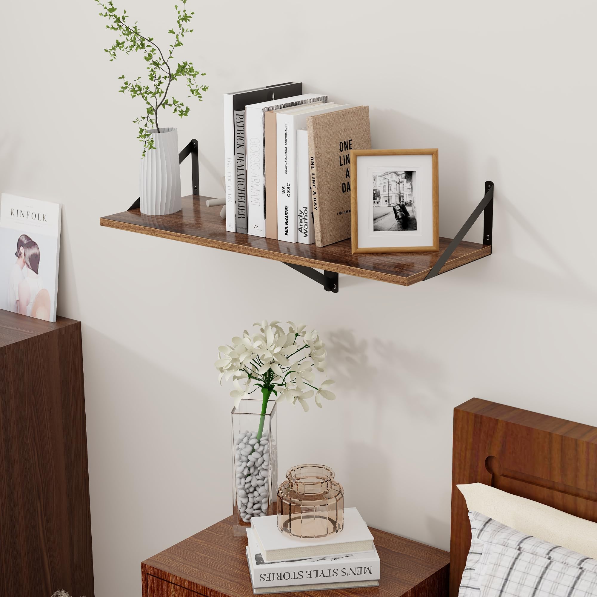 Axeman Walnut Floating Shelves 12 Inch Deep, Rustic Wall Mounted Floating Shelves Set of 2, 16W x 12D Floating Wall Shelves for Decor & Storage, Walnut Shelves Living Room Bedroom Bathroom, Walnut