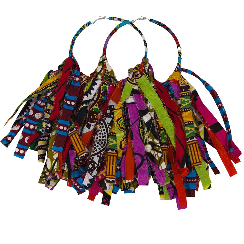 AFRICSTYLE African Fabric Tassel Earrings Set for Ankara Fringe Hoop Earrings for Women