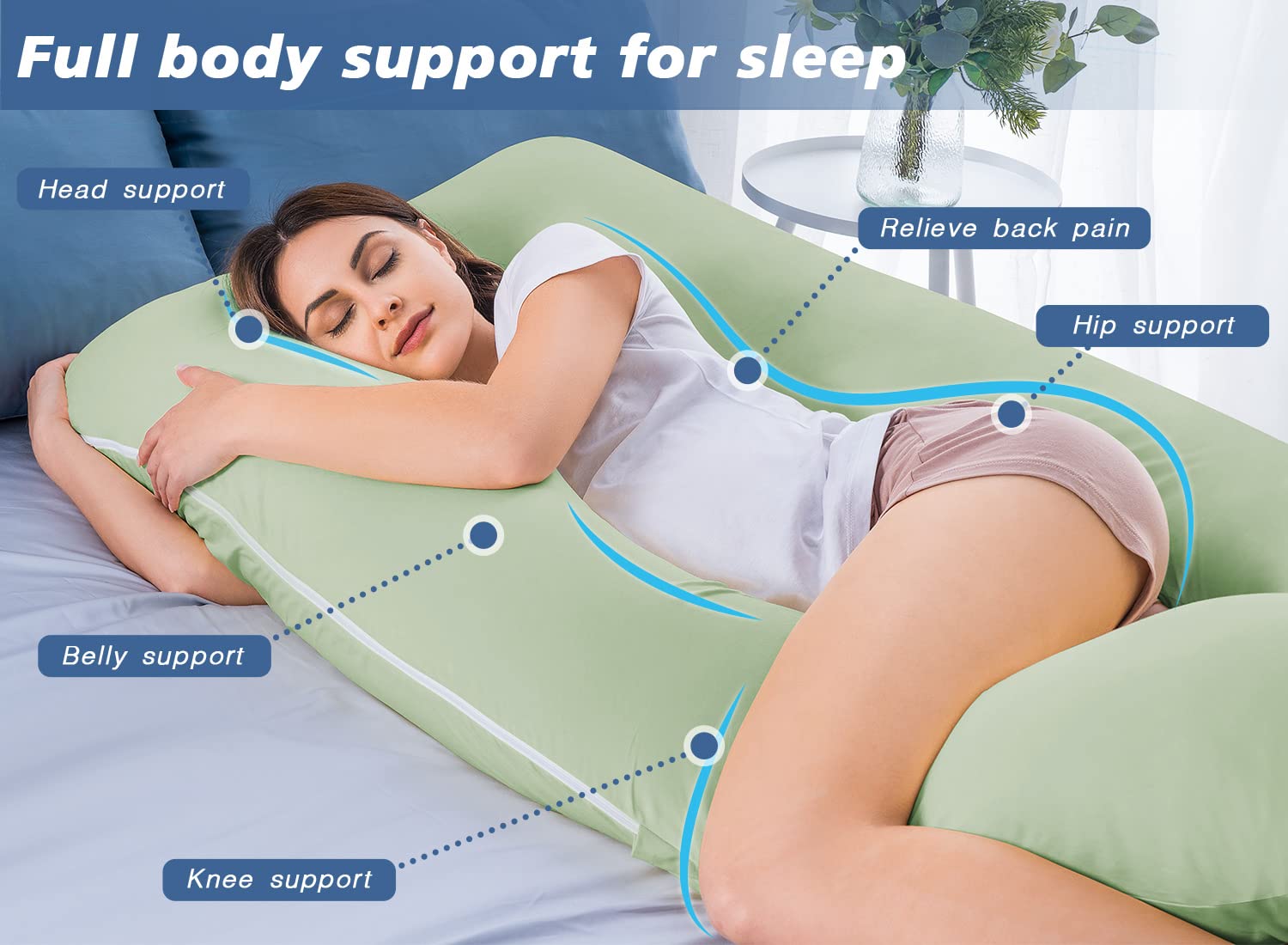 AngQi Pregnancy Pillow, U Shaped Pregnancy Body Pillow, Pregnancy Pillows for Sleeping with Cooling Cotton Zipper Removable Cover (Pale Green)