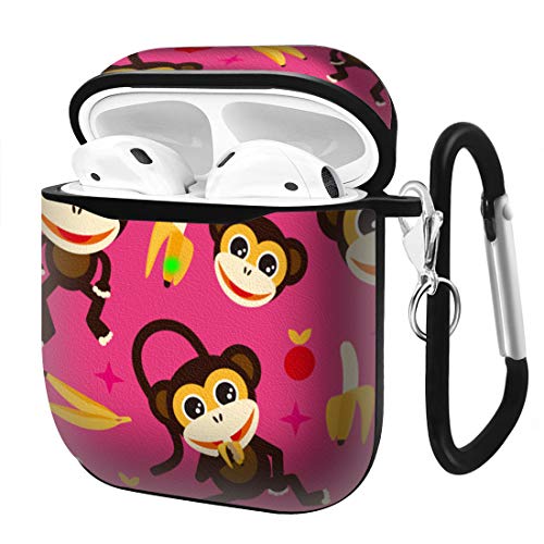 Slim Form Fitted Printing Pattern Cover Case with Carabiner Compatible with Airpods 1 and AirPods 2 / Adorable Kids Monkey and Banana Illustration