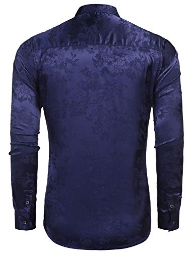 COOFANDY Mens Floral Rose Printed Long Sleeve Dress Shirts Prom Wedding Party Button Down Shirts (Deep blue)