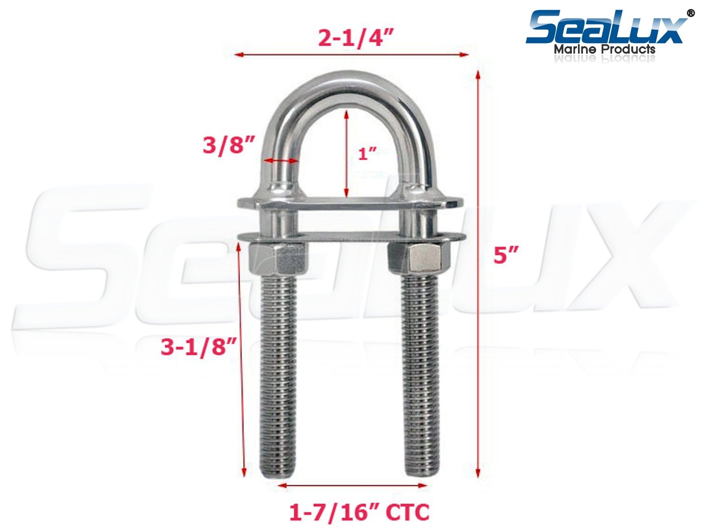 SeaLux Marine 3/8" Stock Fixed Welding Plate Bow Eye Stern Eye U-Bolt 5" Length with 3-1/2" Stud Length