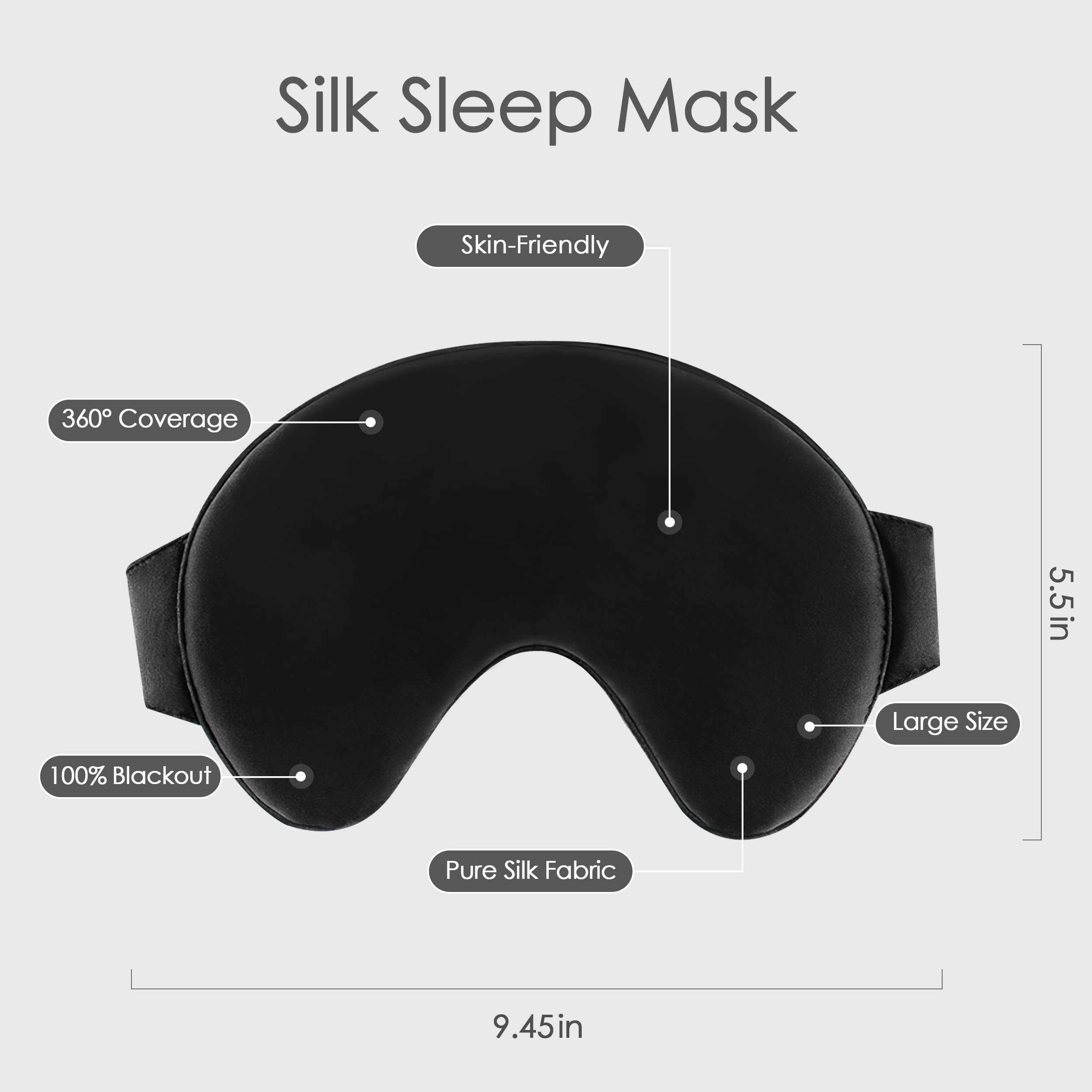 FRESHME 100% Blockout Sleep Mask - Black Super Soft Pure Mulberry Silk Large Eye Mask Blindfold for Men Women Kids Night Sleeping, with Luxury Slip Silk Bag and Ear Plugs…