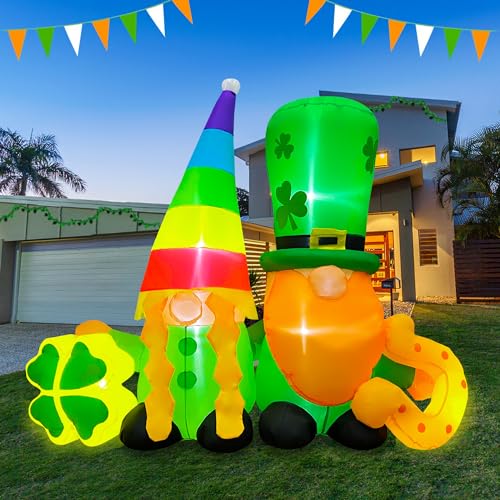 BLOWOUT FUN 4ft Inflatable St. Patrick's Day Twin Gnomes with Shamrock and Lucky Horseshoe Decoration, LED Blow Up Lighted Decor Indoor Outdoor Holiday Art Decor Decorations Clearance