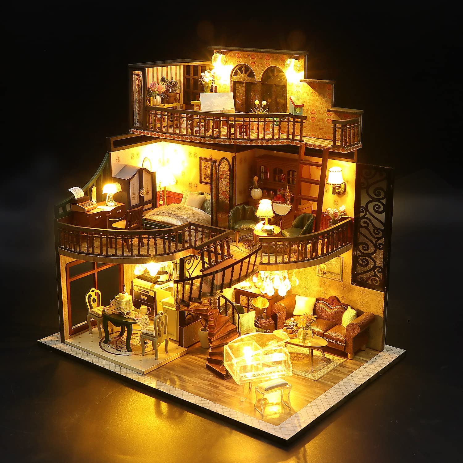 CUTEBEE Dollhouse Miniature with Furniture, DIY Dollhouse Kit Plus Dust Proof and Music Movement, 1:24 Scale Creative Room for Valentine's Day Gift Idea(Dream Building Pavilion)