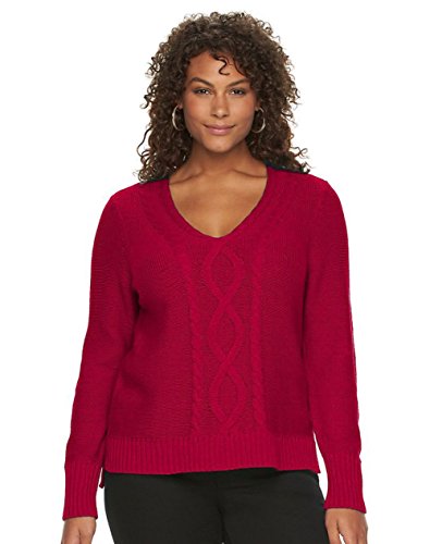 Chaps Women's Cable-Knit V-Neck Long Sleeve Sweater (Medium, Rich Red)