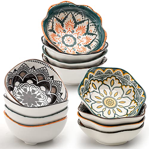 Foraineam 12 Pieces 3 Oz Porcelain Dip Bowl Set, Little Soy Sauce Dipping Bowls, Floral Mini Appetizer Dessert Condiments Server Dishes for Snack Sushi Ketchup, Vinegar, Sauce, Seasoning