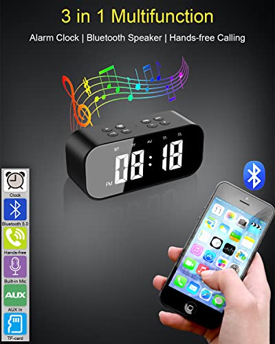 AFK Alarm Clock for Bedroom/Office,Digital Clock with Bluetooth Speaker,Small Alarm Clock for Heavy Sleepers Adults/Teens with Dual Alarms,Mirror LED Display,Hands-free Calling.(12H Format)