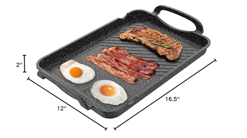 Bazova Nonstick Stove Top Griddle/Grill,16.5"x12.0", Double Burner Granite Griddle Pan,Cast Aluminum Induction Pancake Breakfast Maker, Light-Weight Flat Top Grilling Plate for Gas Grill Camping & BBQ