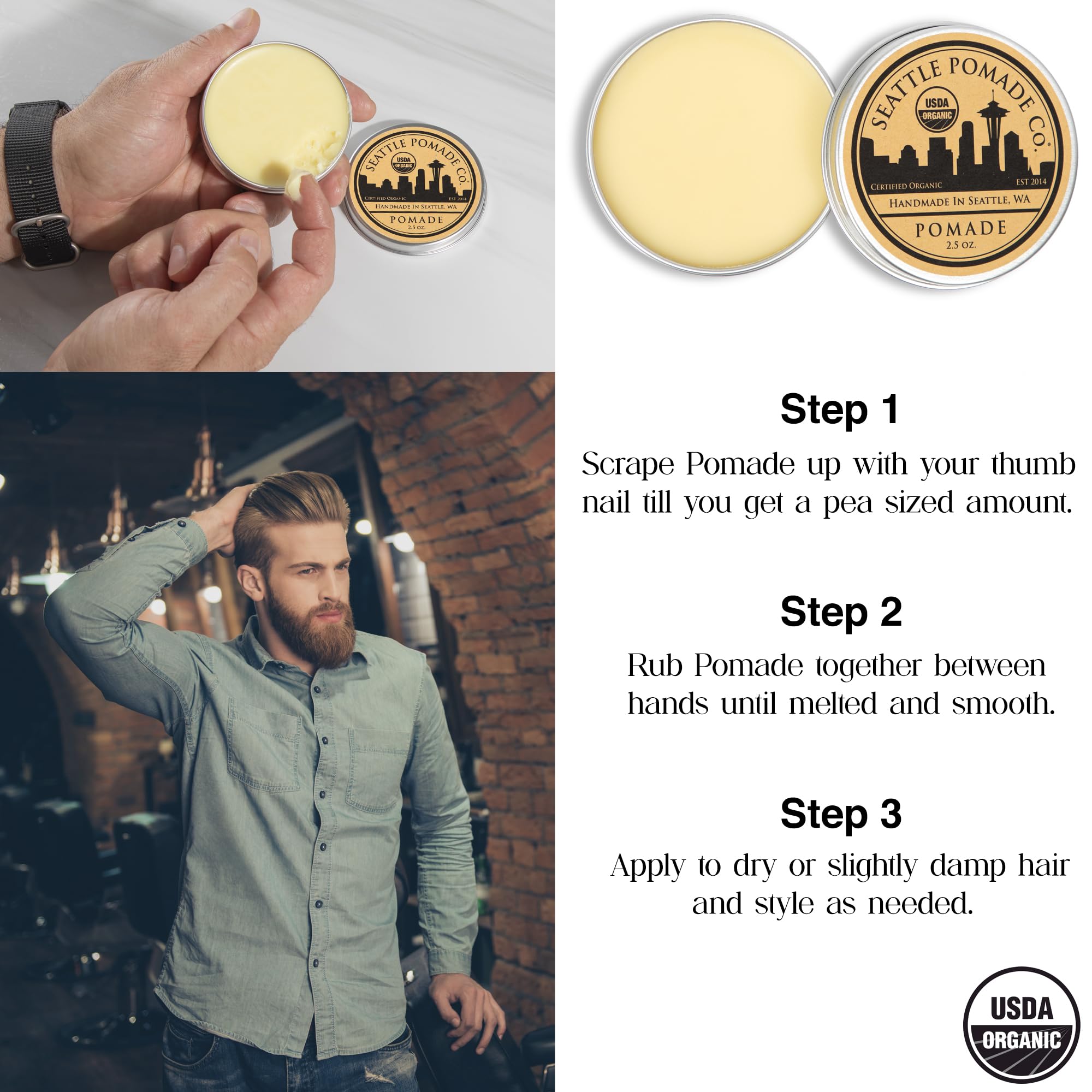 Seattle Pomade Co. USDA Certified Organic Pomade. Medium Hold & High Shine, Hair Styling Formula for Straight, Thick and Curly Hair. Non GMO