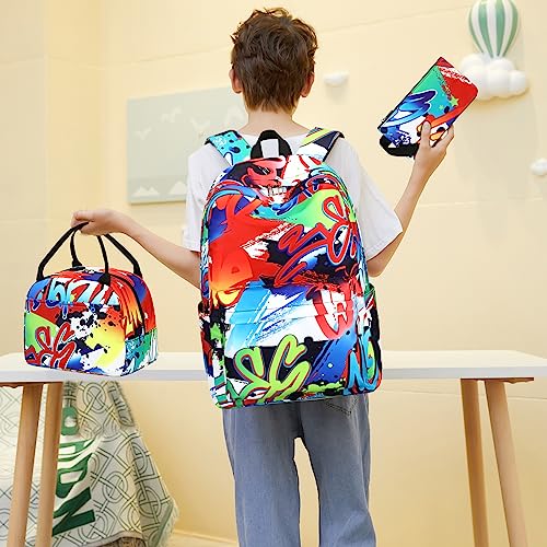 Bluboon School Backpack for Boys Teens Bookbag Travel Daypack Kids Girls Lunch Bag Pencil Case (Doodle-3pcs)