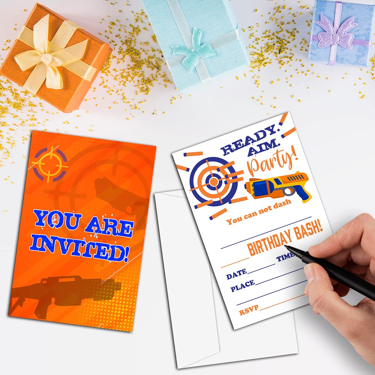 NYCTUG Blaster Gun Birthday Invitation(4" X 6"), Dart War Party Double-Sided Invites- 20 Invitations With Envelopes-Personalized Party Supplies-A26