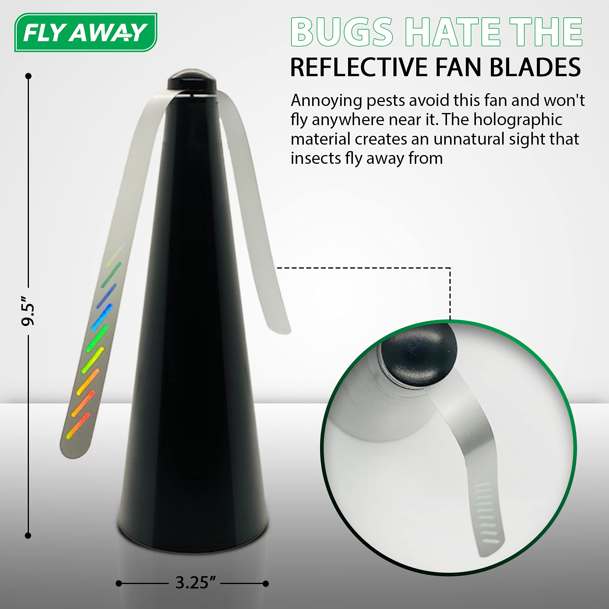 Fly Away - 3 Pack Outdoor Fly Repellent Fan, Outside or Inside Table use, Restaurant, Barbeque, Events, Deter Flies, Wasps, Bees, Other Moscas and Bugs Away, Battery Operated, Tabletop, Hanging Hook.