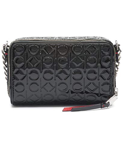 Calvin Klein Women's Marybelle Saffiano Double Zip Organizational Crossbody Bag, Black/Silver Patent Emboss, One Size