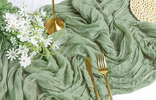 FEXIA Sage Green Cheesecloth Table Runner 35x120 Inches for Baby Shower Decoration Gauze Rustic Table Runner for Wedding Party First Communion Centerpiece Engagement Bridal Shower Boho Decoration