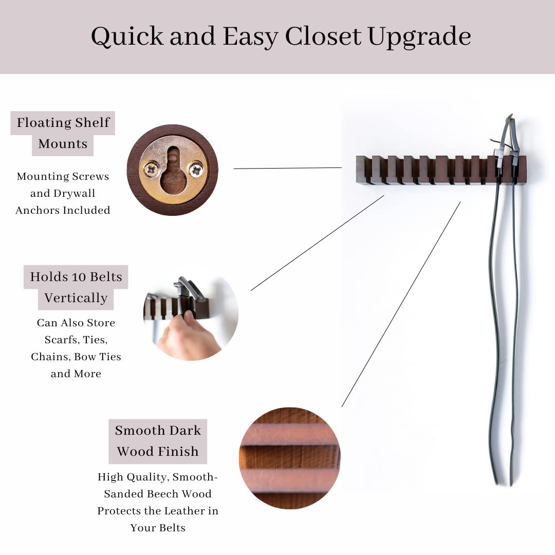 Belt Hanger for Closet -Beechwood Belt Organizer for Closet (10.75β x 2.5β x 1.7β)- Belt Holder for Closet w/Mount Hardware - Dark Wood Finish Belt Rack for Closet- Belt Hangers for Men for 10 Belts