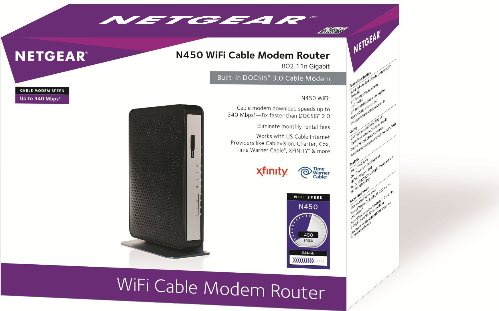 NETGEAR N450-100NAS (8x4) WiFi DOCSIS 3.0 Cable Modem Router (N450) Certified for Xfinity from Comcast, Spectrum, Cox, Cablevision & More (Renewed)