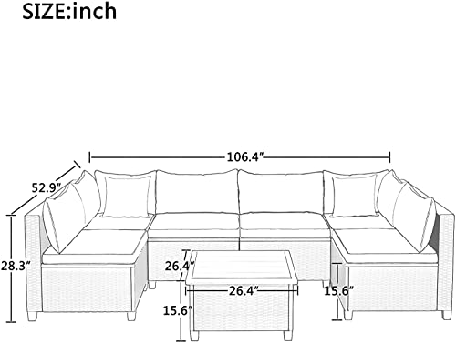 GAOPAN 7 Piece Garden Outdoor Modular Wicker Furniture Set, Sectional Rattan Sofa Patio Lounge & Deep Seating Conversation Furnishings with Cushions,Accent Pillows & Coffee Table, White+Black