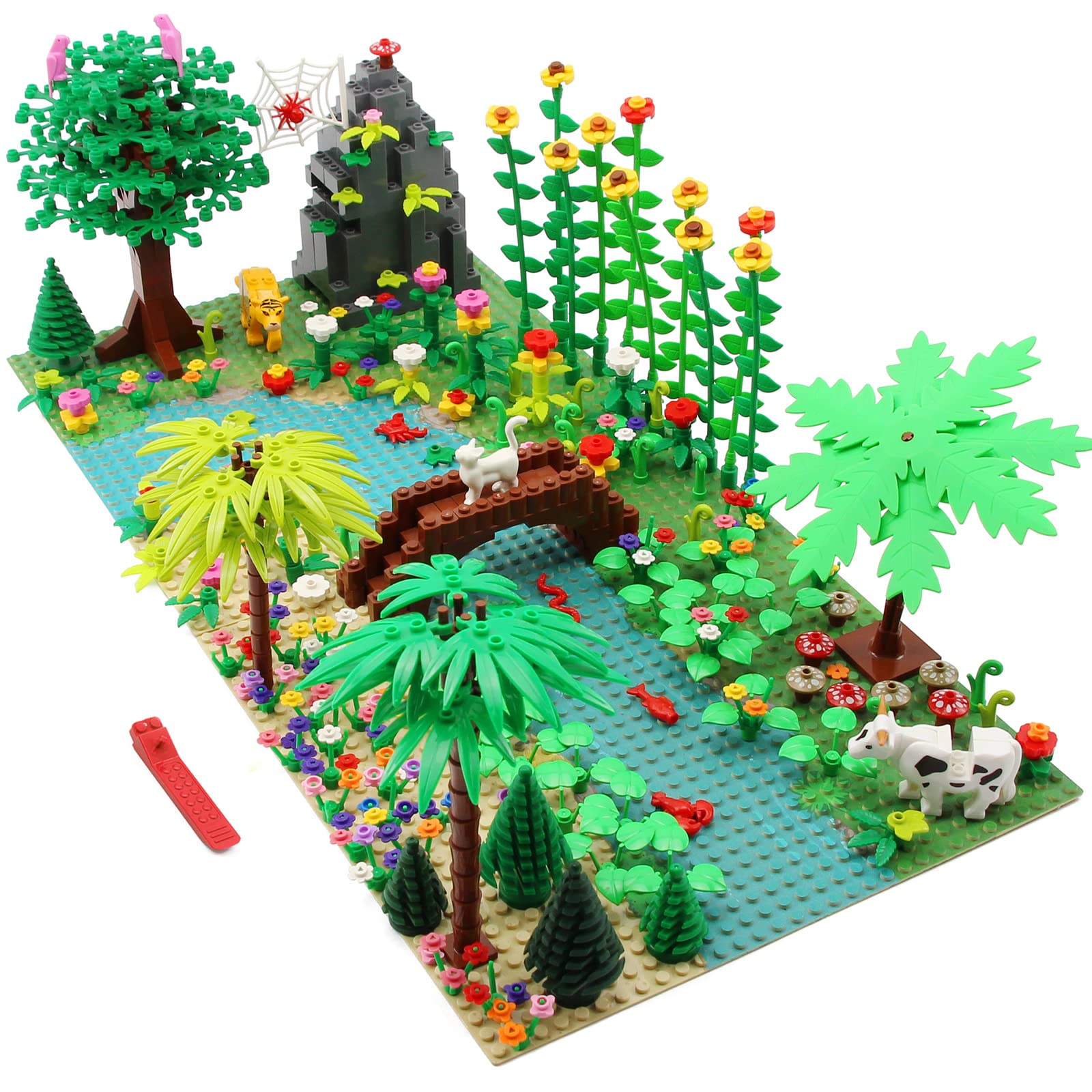 Feleph Jungle Toy Building Set MOC Garden Playset with 2 Baseplates Forest Wildlife Bridge Plants Trees Flowers Animals Cow Wetland Park Kit Block Accessories Compatible with Major Brand