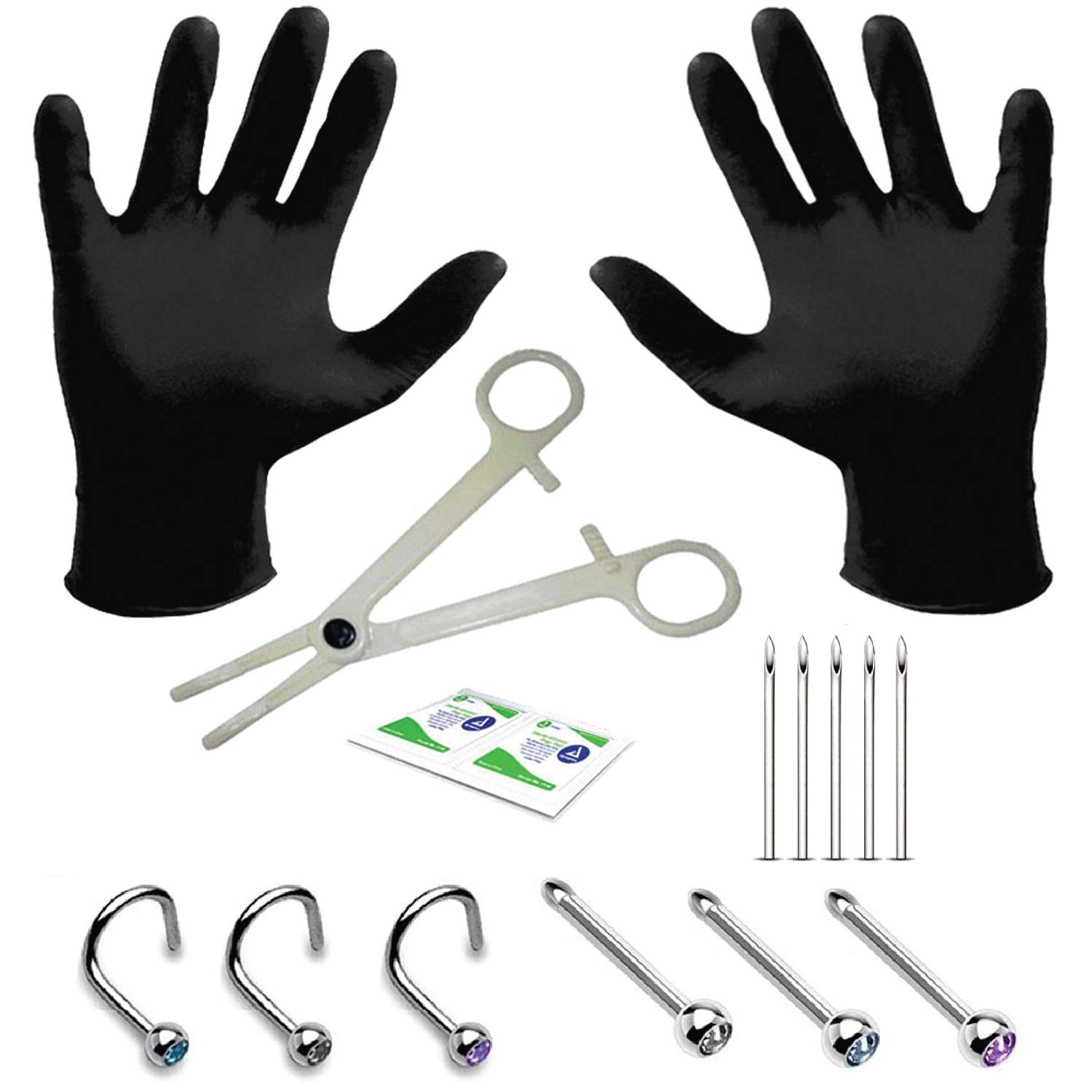 BodyJ4You 15PC Nose Piercing Kit Aftercare Bump Removal Solution | Nostril Screw Curved Bone Stud Push in Pin CZ Crystal | 18G Stainless Steel Needles Tools Gloves Clamps