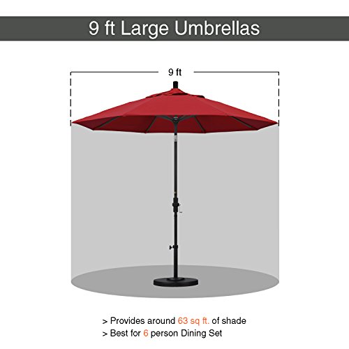 California Umbrella 9' Round Aluminum Market Umbrella, Crank Lift, Collar Tilt, Bronze Pole, Red Olefin