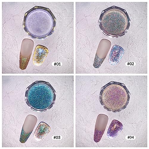 CHARMING MAY 4 Colors Holographic Nail Glitter Powder Set Shiny Metallic Chrome Nail Powder Kit for Acrylic Nails Sparkling Reflective Glitter Galaxy Effect for Party Nightclub(4 Colors(#1#2#3#4))