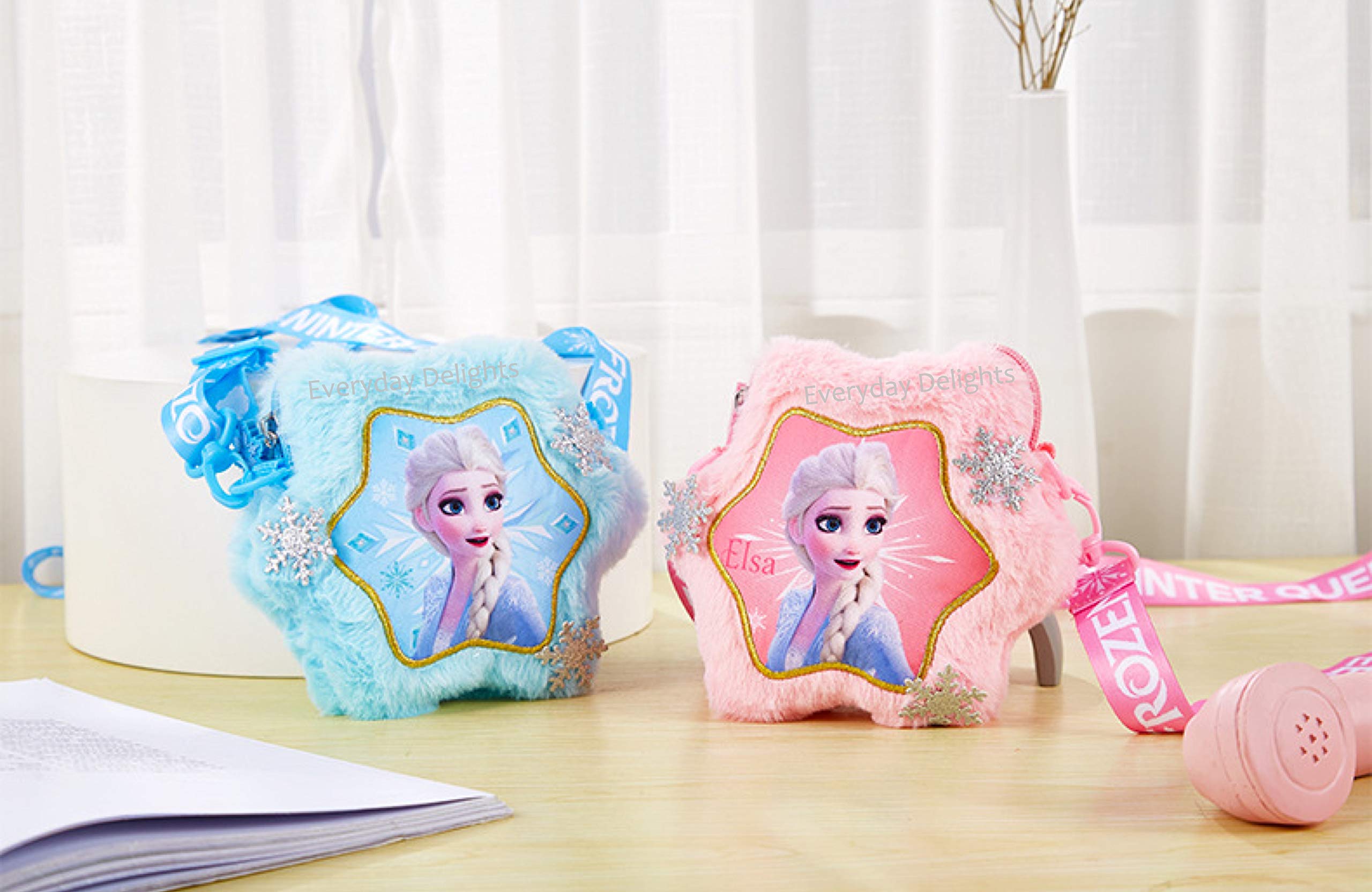 Frozen Elsa Plush Crossbody Shoulder Handbag in Snowflake Shape for Girls Kids Children – Pink