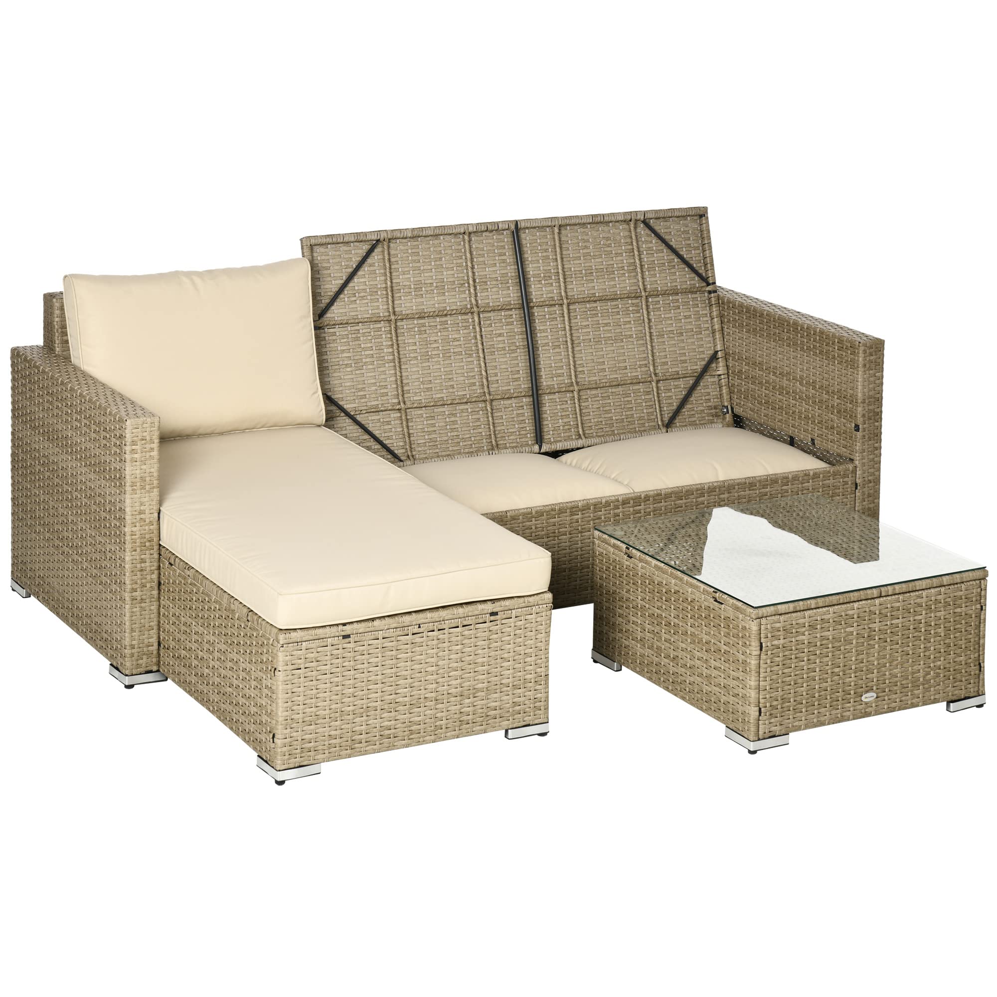 Outsunny 3 Piece Patio Wicker Furniture Set with Storage Loveseat, PE Rattan Conversation Sofa Set, L-Shaped Sectional Couch with Soft Cushions, and Glass Top Coffee Table, Khaki
