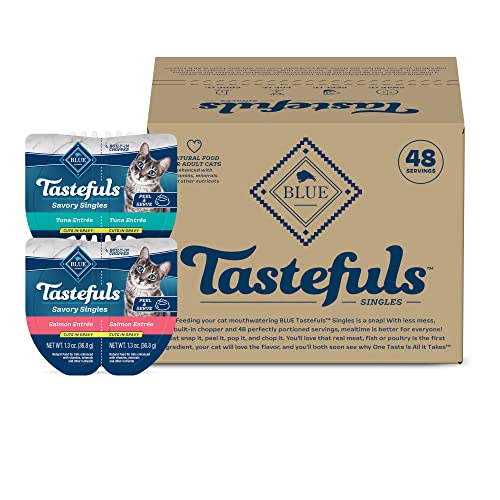 Blue Buffalo Tastefuls Savory Singles Adult Cuts in Gravy Wet Cat Food Variety Pack, Salmon and Tuna Entrée, 2.6-oz Twin-Pack Tray 24 Count(Pack of 2)