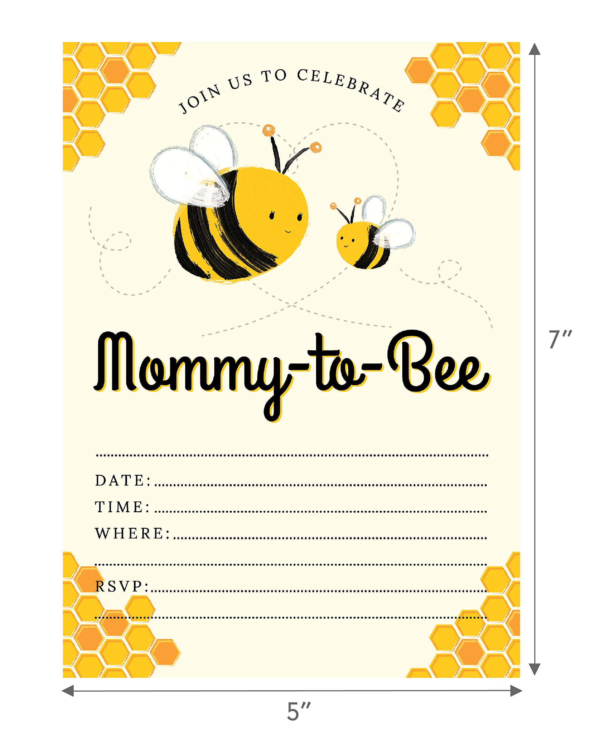 Mommy-to-Bee Bumble Bee Gender Neutral Yellow Baby 5x7 Baby Shower Invites - 24 Invites and 24 White Envelopes