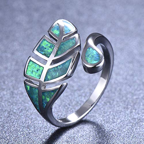 Adjustable Leaf Ring Opal Leaf Ring, 925 Sterling Silver Adjustable Rings for Women Teen, 14K White Gold/Rose Gold Open Leaf Ring Fall Jewelry for Women