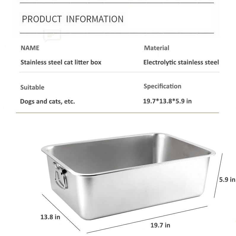 Open Top Cat Litter Box, Double-Sided electrolytic Stainless Steel Large Litter Box with Frame, High Sided and Upgrade Handle for Training Cats to Clean Pet Accessories (L-Ⅱ)