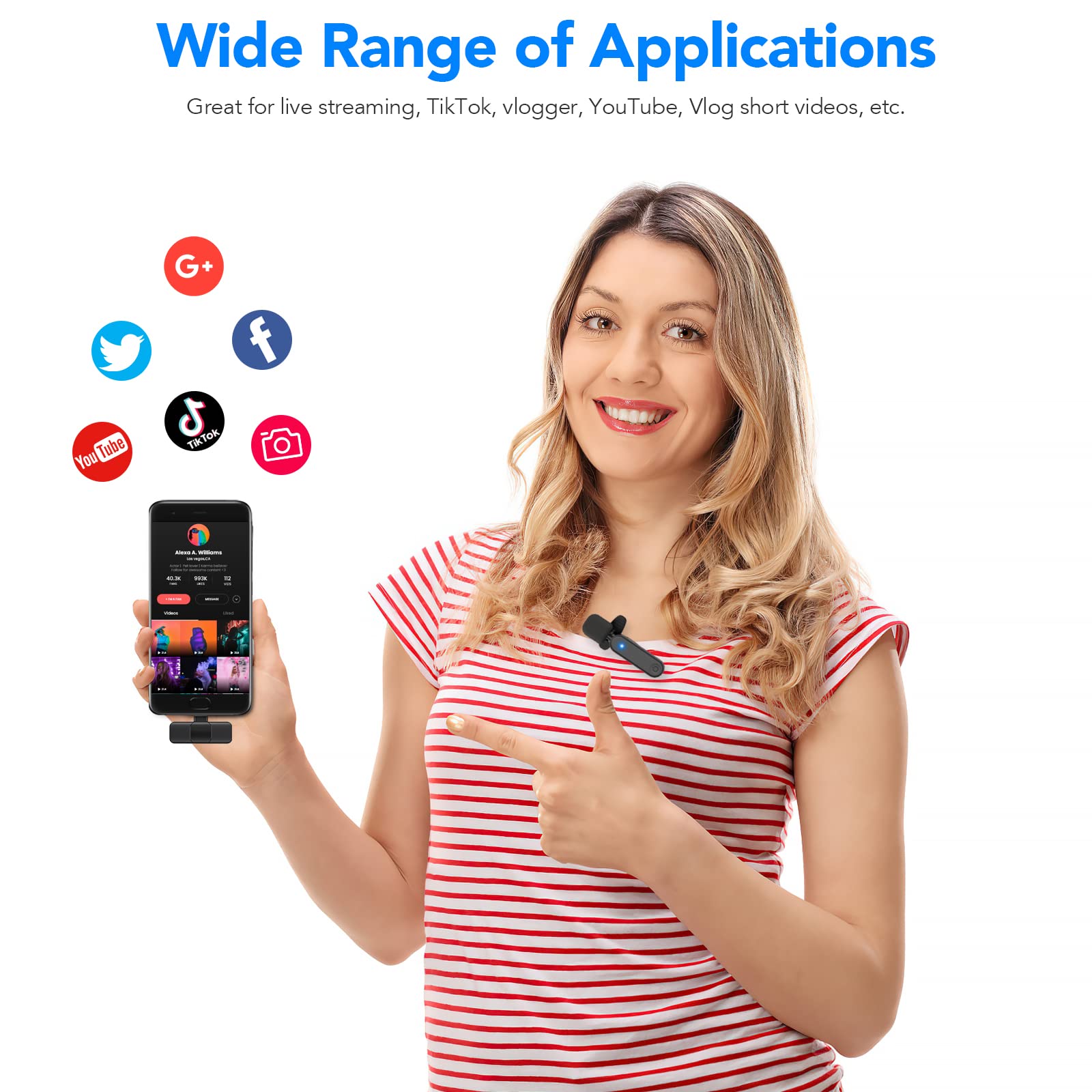 AGPTEK Wireless Lavalier Microphones, Wireless Clip Mic, Lapel Clip-on Microphone for Smartphone, Laptop, Vlog, Recording, Interview, Tiktok, Facebook, YouTube, Live Stream