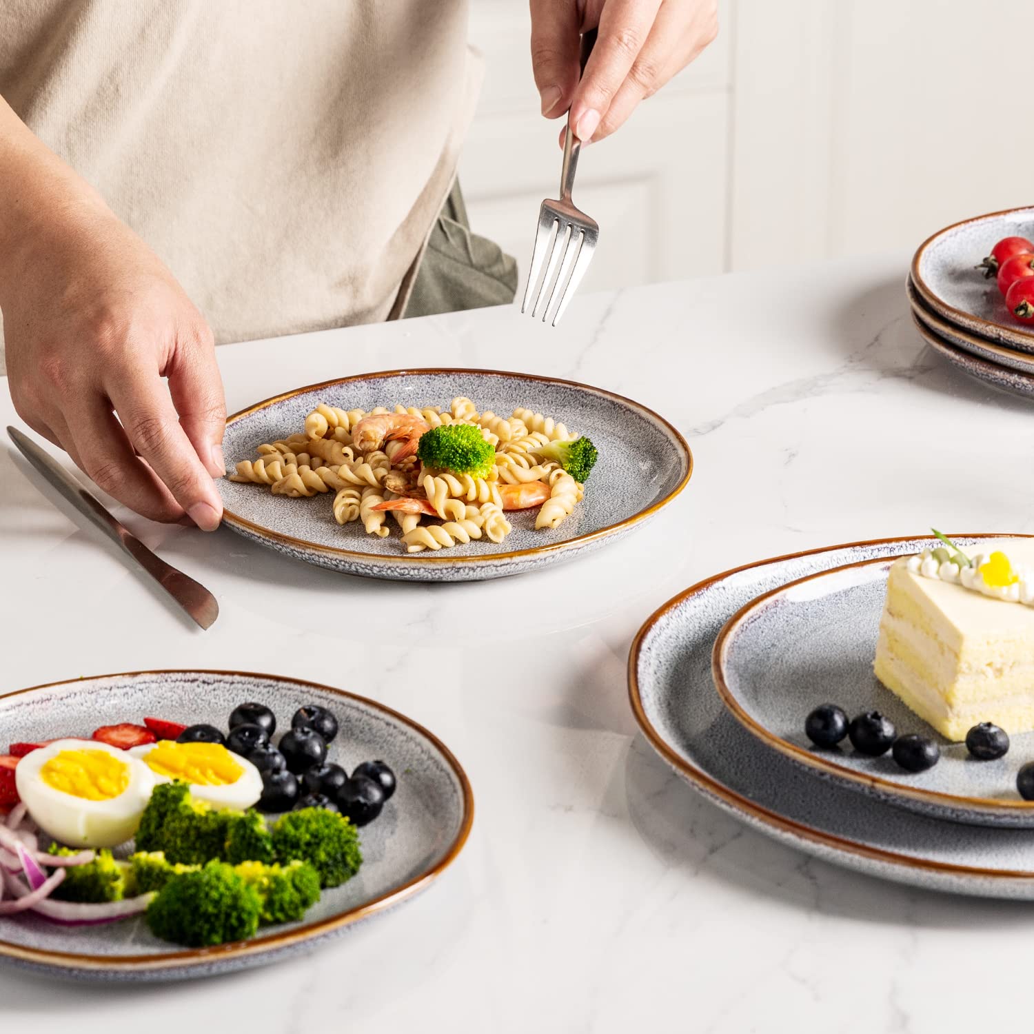 AmorArc Ceramic Dinnerware set, Service for 6 (18pcs), Stoneware Plates and Bowls Set,Highly Chip and Crack Resistant | Dishwasher & Microwave Safe,Gray-blue-Rustic Style