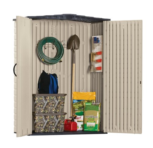 Rubbermaid Storage Shed 5x2 Feet, Sandalwood/Onyx Roof (FG5L1000SDONX), Sandstone & Corner Tool Rack, Tool Organizer, Broom Holder and Garden Tool Organizer