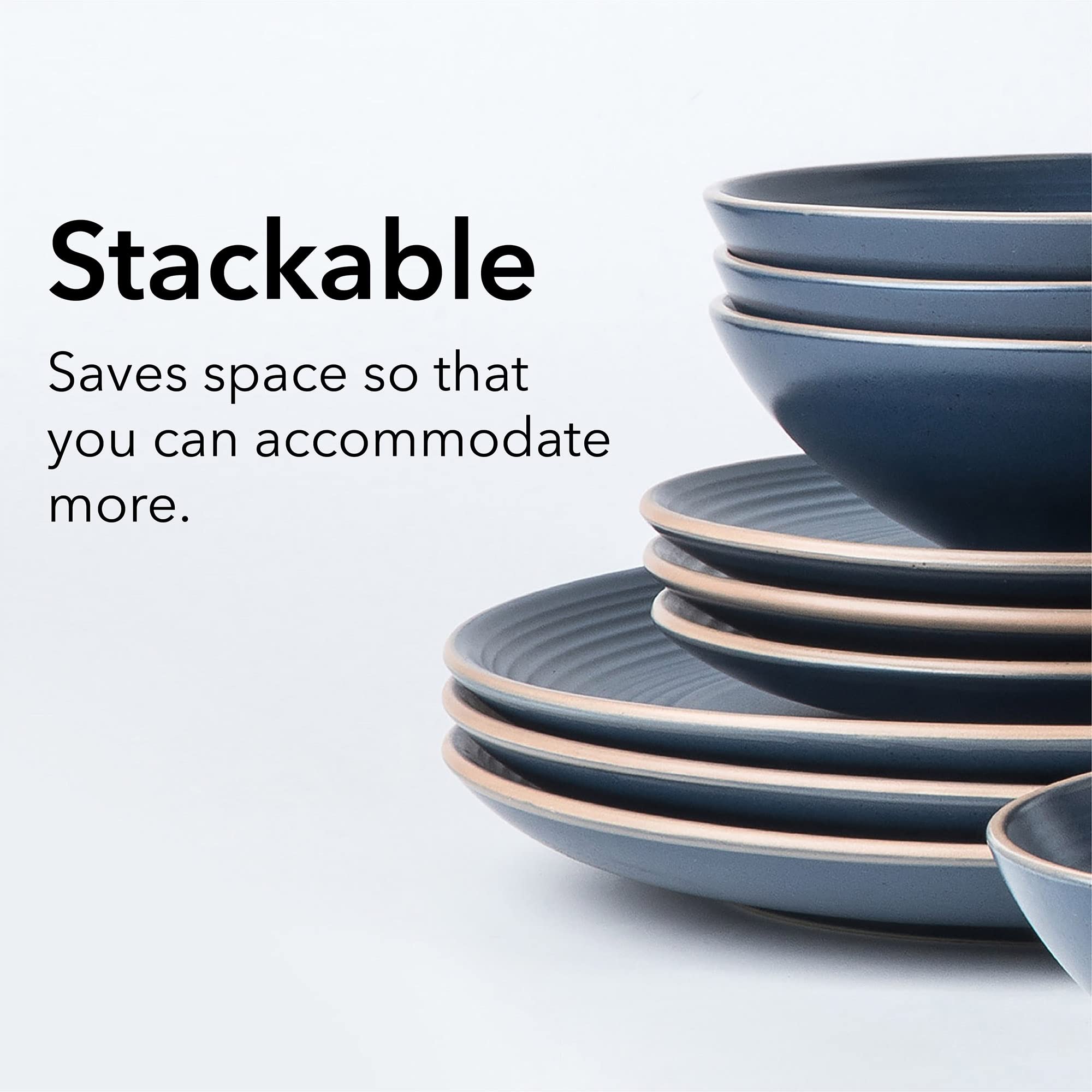 Arora RINGAR Round Stoneware 16pc Double Bowl Dinnerware Set for 4, Dinner Plates, Side Plates, Cereal Bowls, Pasta Bowls - Speckle Matte Blue (420796)