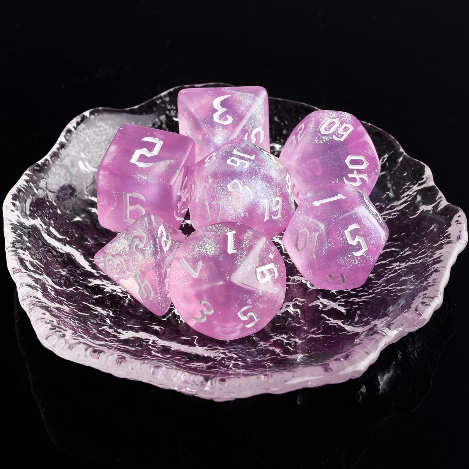 DND Dice Pink Transparent Dice with Color Changing Glitter for Dungeons and Dragons Role Playing Game,D&D,MTG,Pathfinder Dice Set with Dice Pouch(Sickle Handwriting)