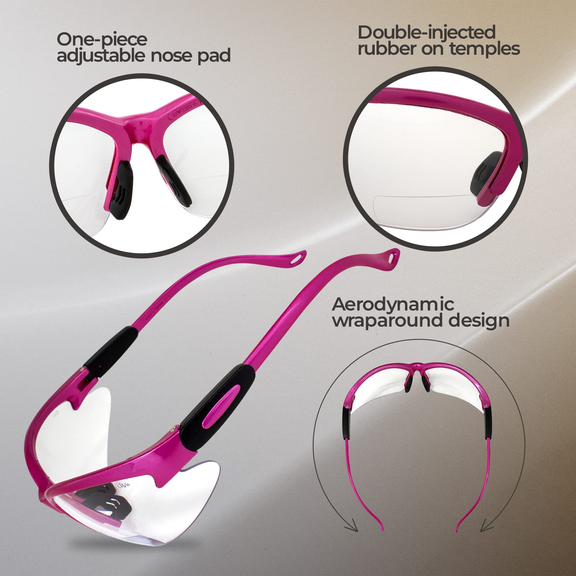 Global Vision Eyewear Cougar Series Bifocal 2.5 Lens Magnification Safety Sunglasses, Clear Lens, Gloss Dark Pink Frame