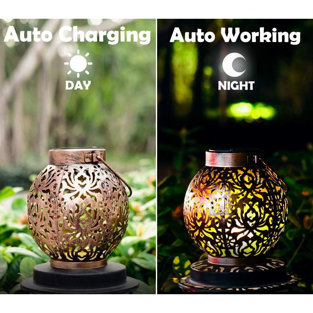 FENGTAI Waterproof Solar Lantern Outdoor, 2 Pack Hanging Lights Decorative Retro Metal Solar Lights for Table Patio Yard Pathway Walkway Garden
