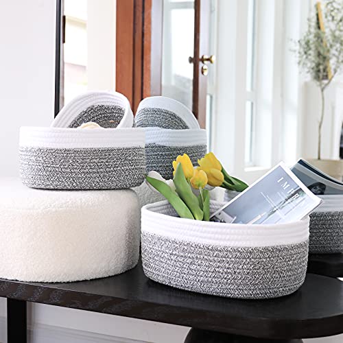 LA JOLIE MUSE Rope Storage Baskets for Organizing, Multipurpose Collapse Storage Basket Set of 3, Medium Cotton Basket Bins for Shelves Nursery Baby Toys, White & Gray