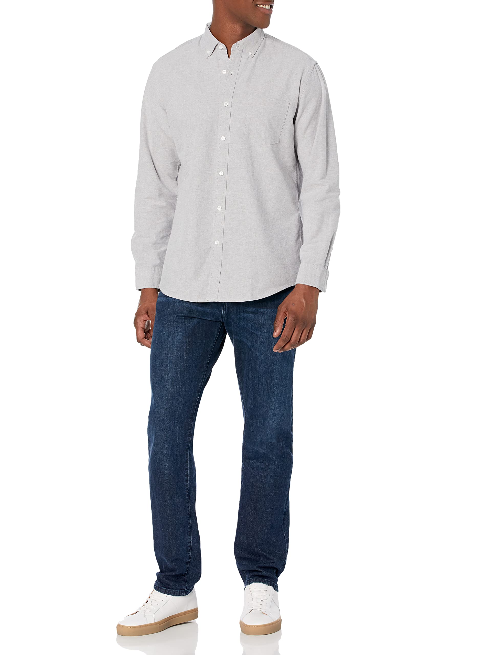 Amazon Essentials Men's Regular-Fit Long-Sleeve Pocket Oxford Shirt, Grey White Windowpane, X-Large
